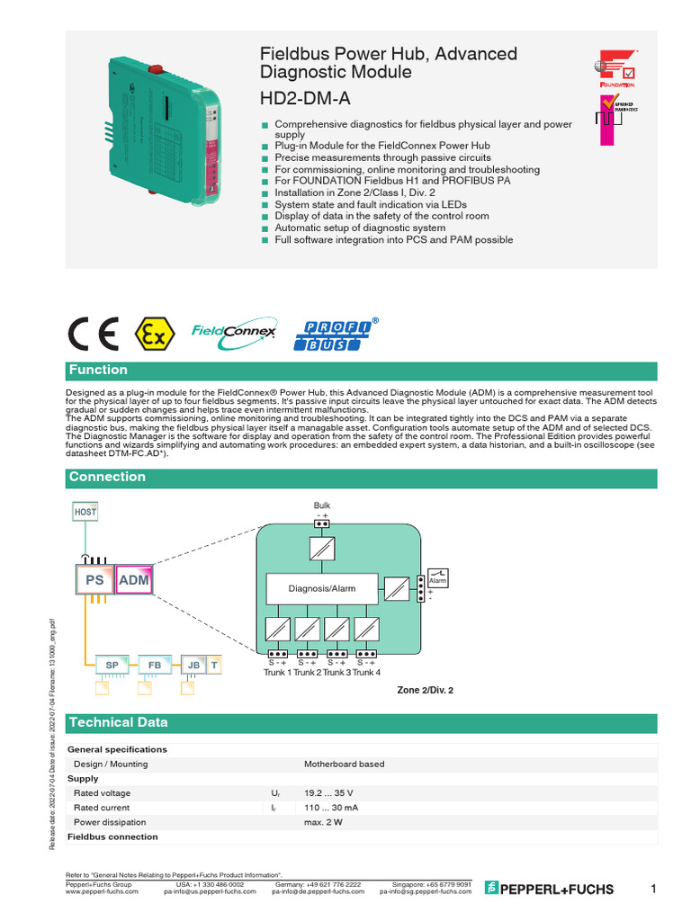 Fieldbus Power Hub, Advanced Diagnostic Module HD2-DM-A: Function | PDF