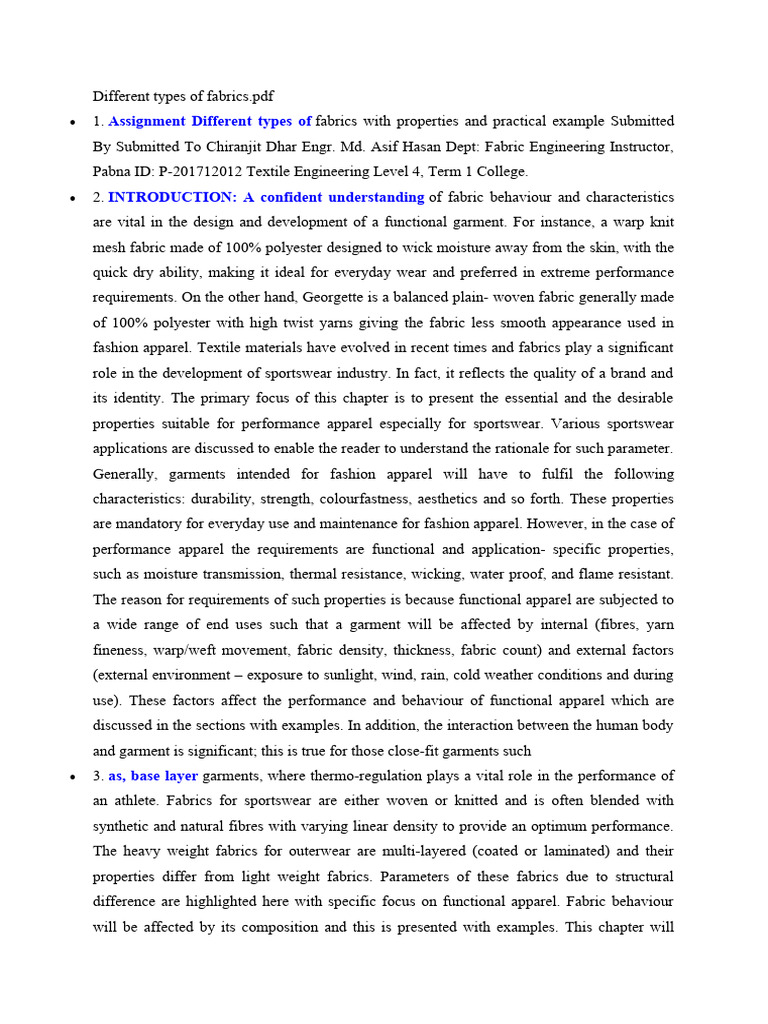 Different Types of Fabrics | PDF | Knitting | Nonwoven Fabric