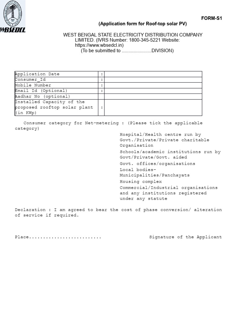 WBSEDCL Solar PV Application Form | PDF | Business | Finance & Money ...