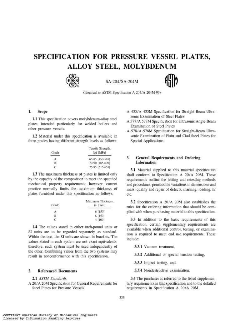 Specification For Pressure Vessel Plates, Alloy Steel, Molybdenum | PDF ...