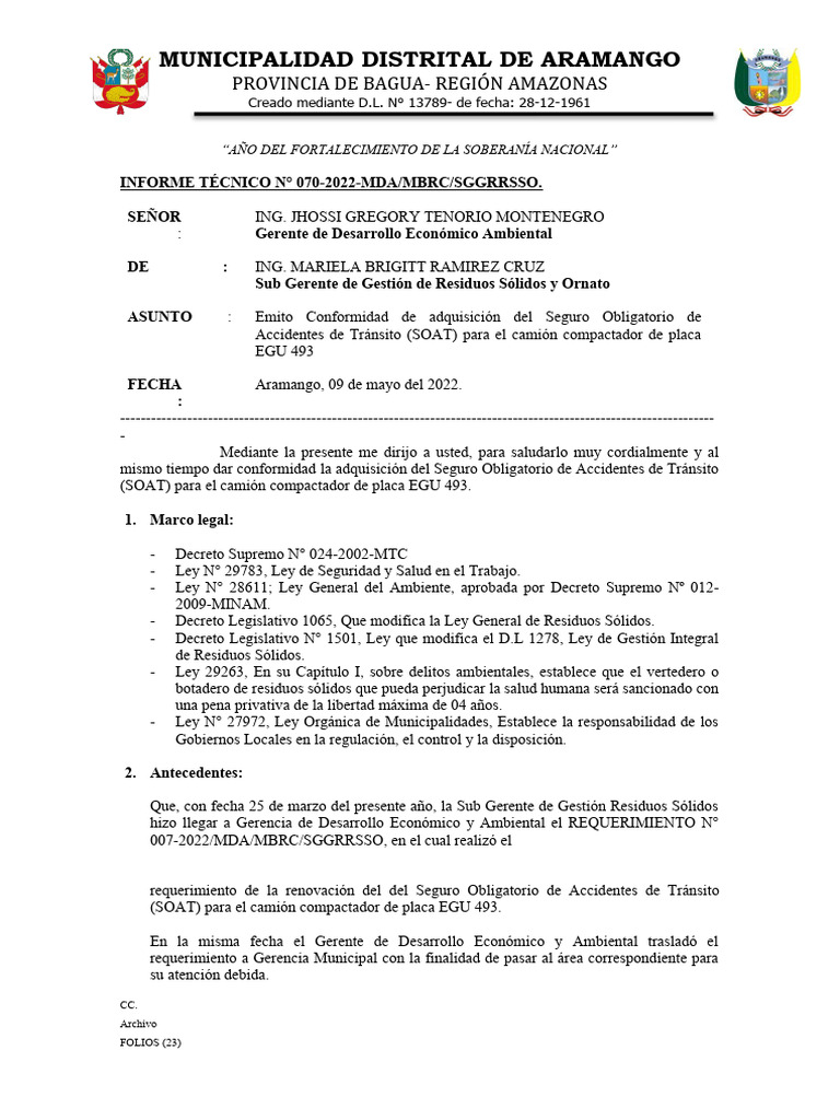 Informe Tecnico N°070.conformidad de Soat | PDF