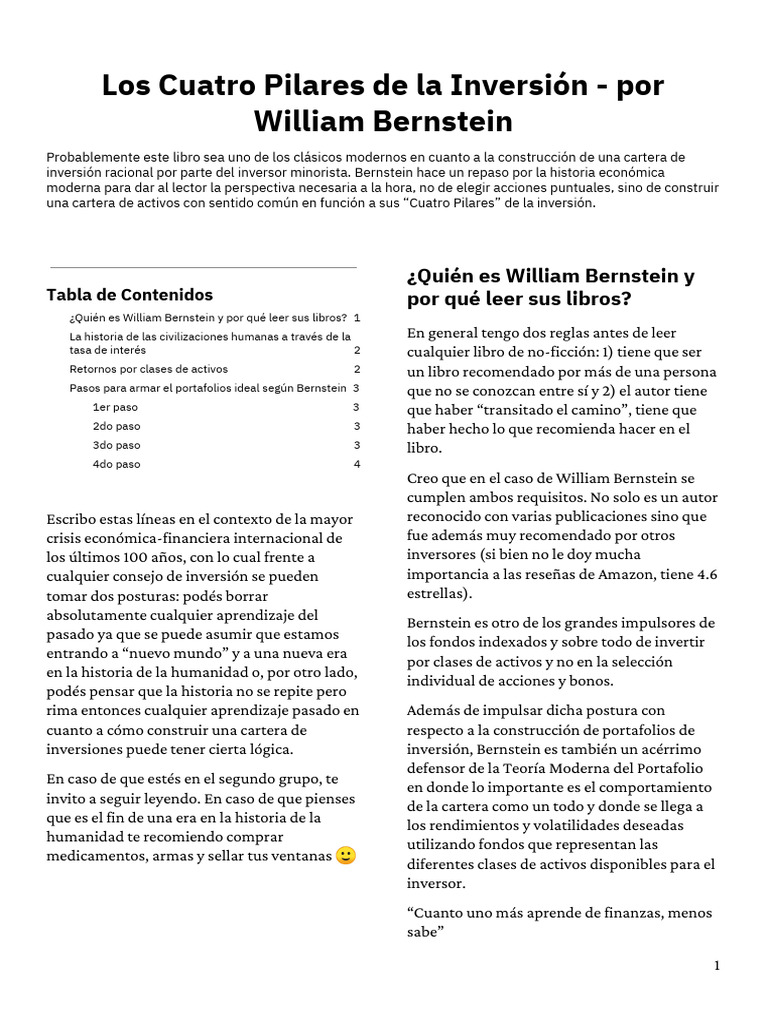 Los Cuatro Pilares de La Inversión - Por William Bernstein (PUBLICADO ...