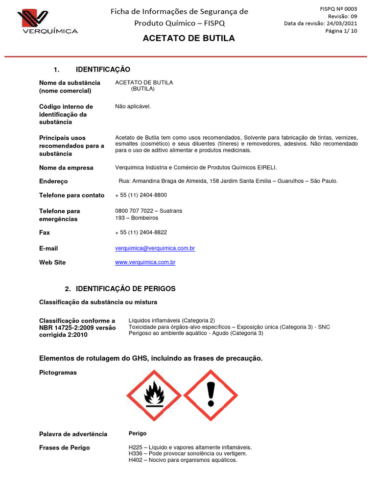 FISPQ Acetato de Butila | PDF | Vômito | Incêndios
