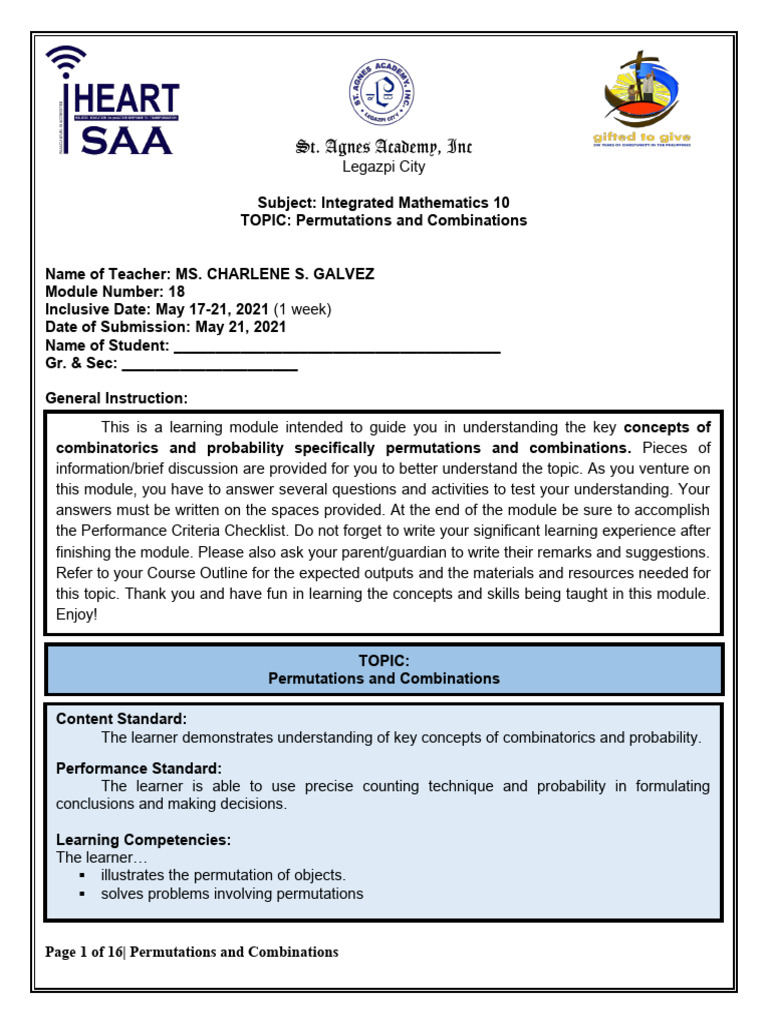 Math 10 SLM 18 Permutation and Combination | PDF | Learning | Permutation