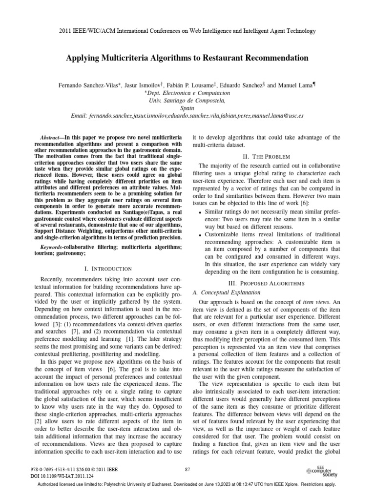Applying Multicriteria Algorithms To Restaurant Recommendation | PDF | Cognition | Cognitive Science