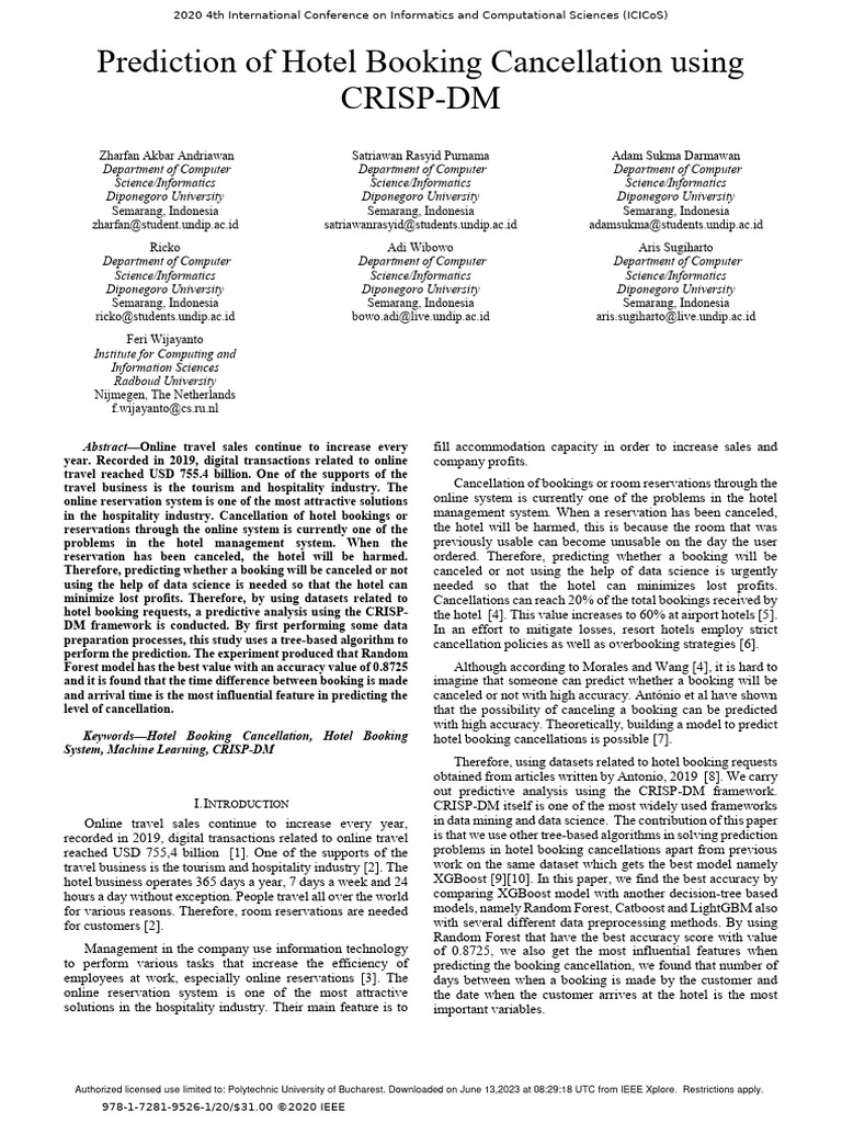Prediction of Hotel Booking Cancellation Using CRISP-DM | PDF | Machine Learning | Computing
