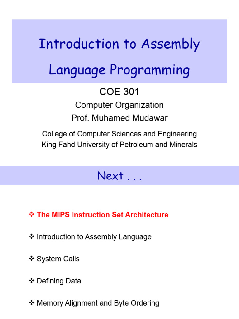 Introduction To Assembly Language Programming: Computer Organization Prof. Muhamed Mudawar | PDF ...