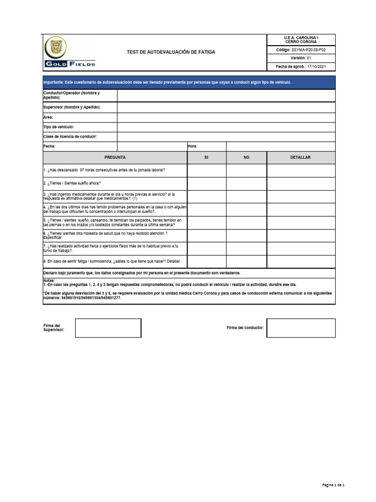 SSYMA P20.05 F02 Test de Autoevaluacion de Fatiga V1 | PDF