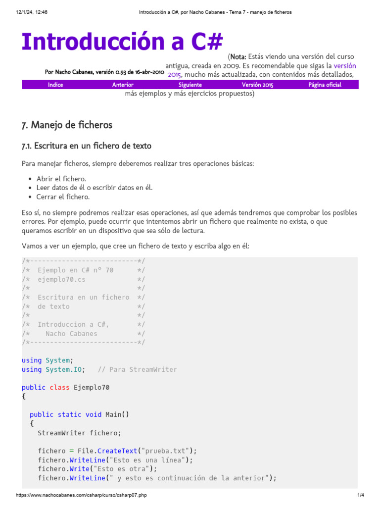 Introducción A C#, Por Nacho Cabanes - Tema 7 - Manejo de Ficheros ...