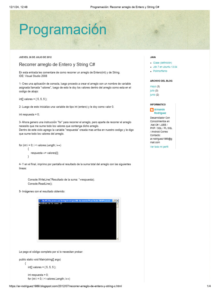 Programación - Recorrer Arreglo de Entero y String C# | PDF | C Sharp (lenguaje de programación ...