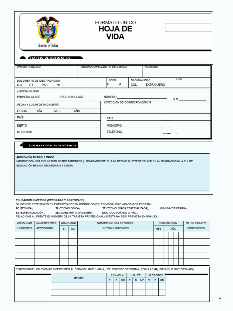 Formato Unico De Hoja De Vida Persona Natural Pdf