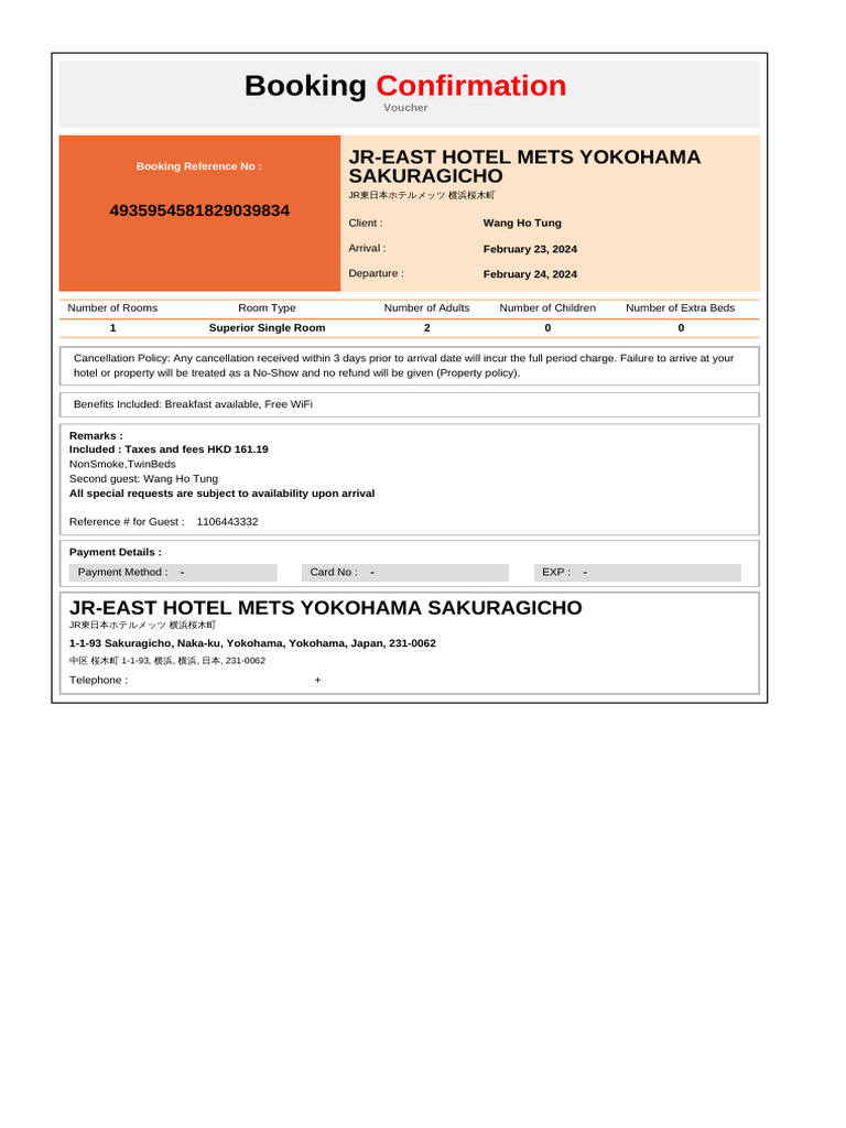 Yokohama Hotel Booking Confirmation | PDF