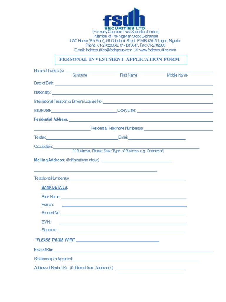 Personal Investment Application Form | Download Free PDF | Identity ...