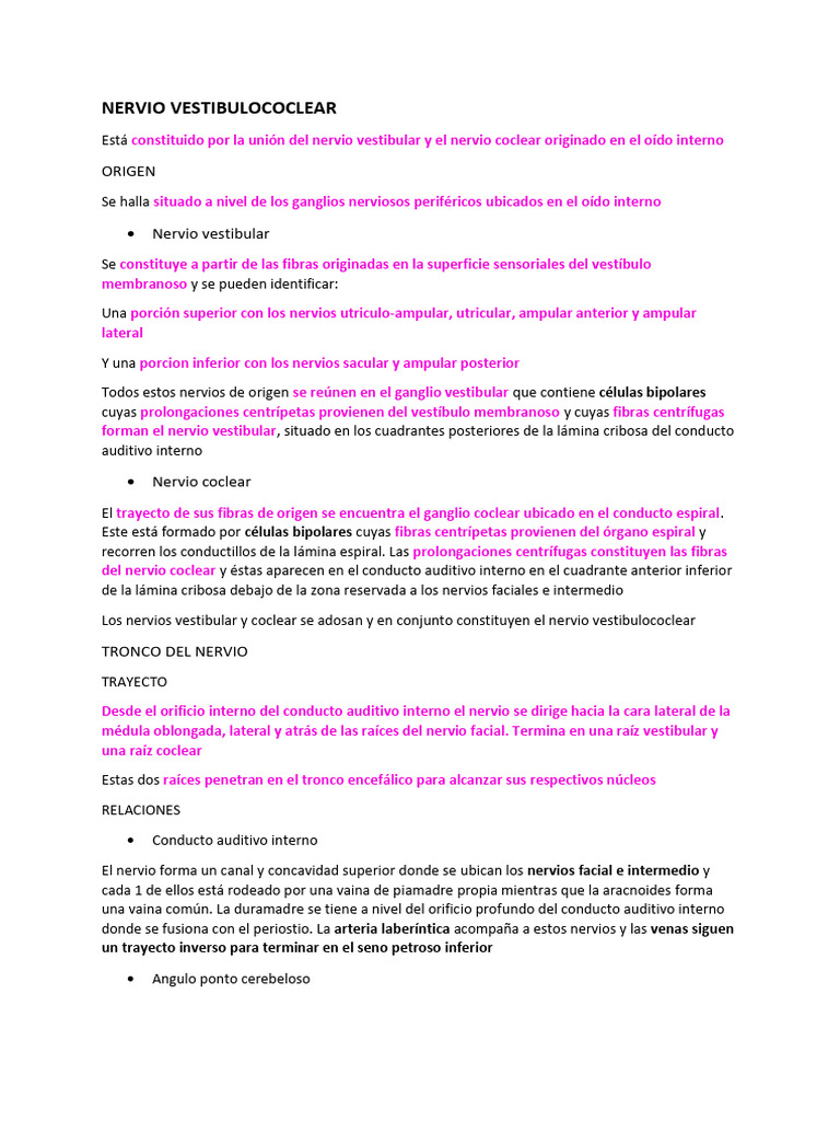 Nervio Vestibulococlear y Vias | PDF | Cerebelo | Nervio