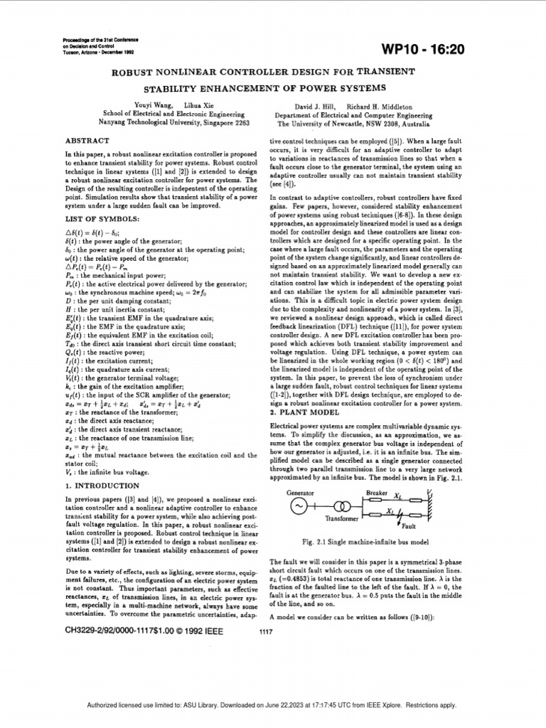 Robust Nonlinear Controller Design For Transient Stability Enhancement ... Robust Nonlinear Controller Design For Transient Stability Enhancement ...