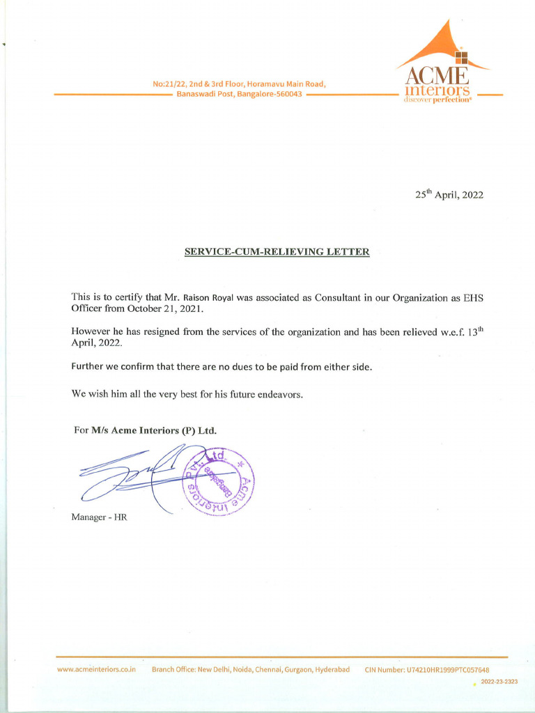 Acme Experience Certificate Pdf