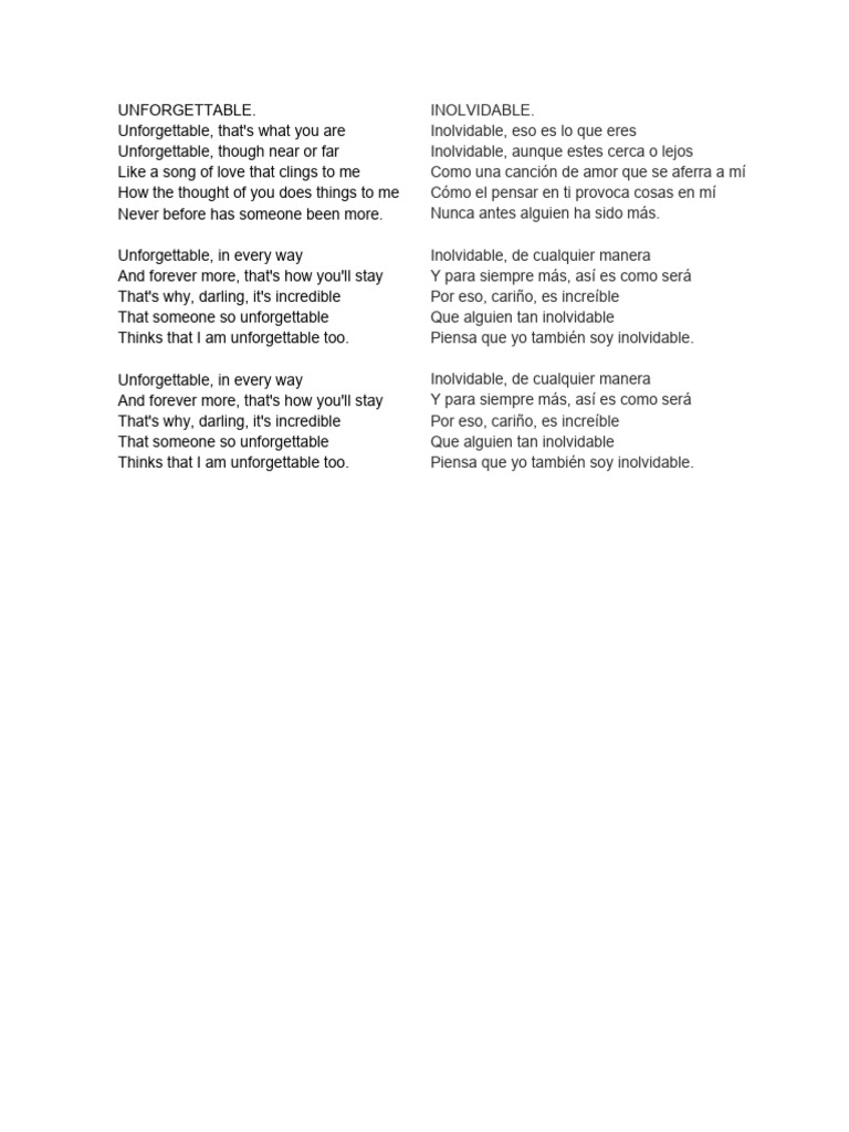 Inolvidable: Letra en Español de Unforgettable | PDF