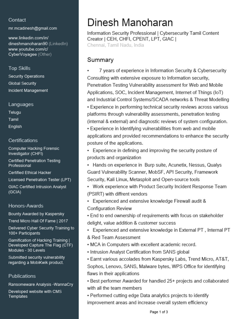 Dinesh Manoharan: Cybersecurity Expert | PDF | Security | Computer Security