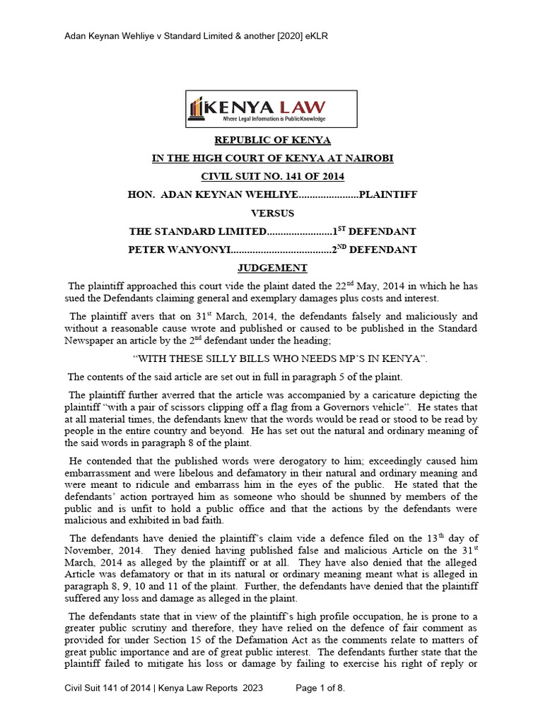 Civil Suit 141 of 2014 | PDF | Defamation | Damages