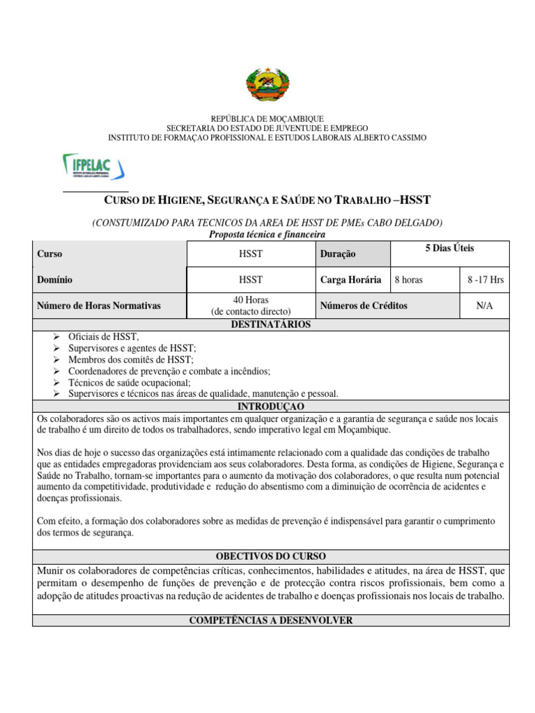 Programa Do Curso de HST para PMEs Cabo Delgado - Docx IFPELAC Setembro ...