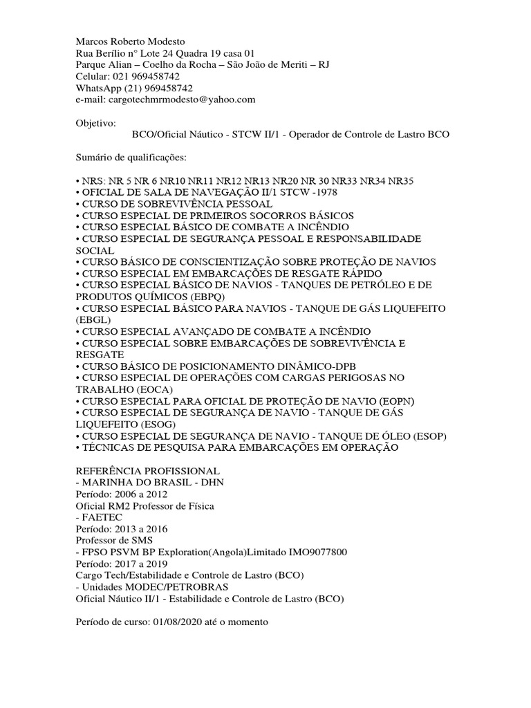 Curriculo BCO Marcos Roberto Modesto | PDF | Engenharia