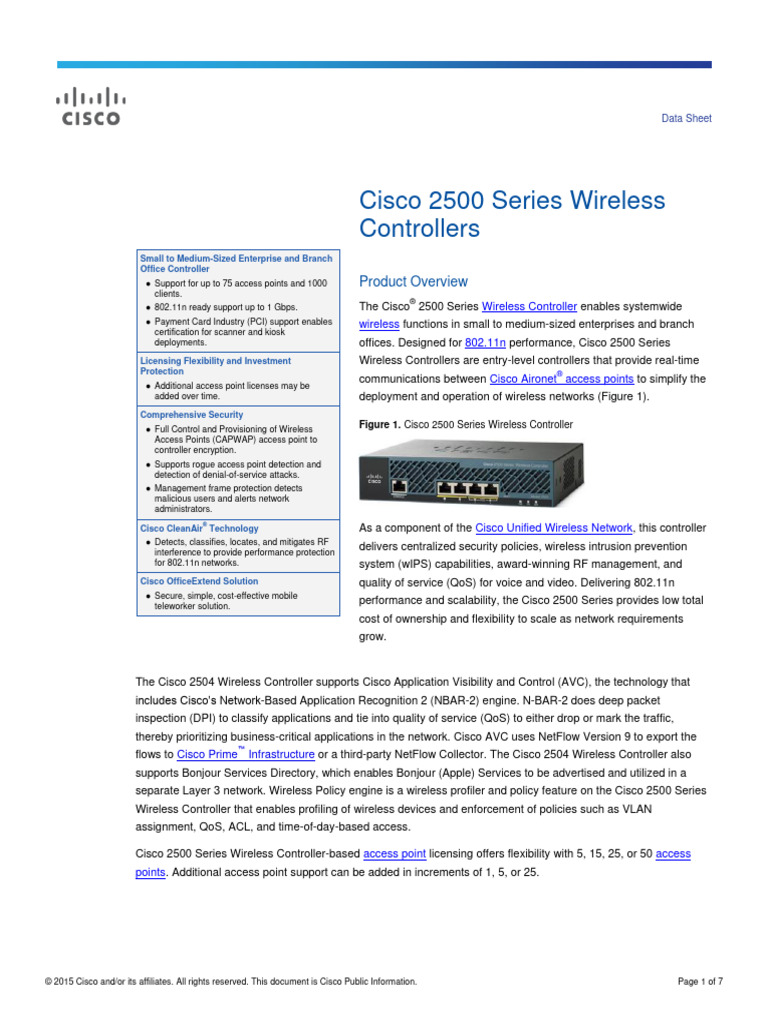 Cisco WLC 2500 Datasheet | PDF | Transport Layer Security | Radius