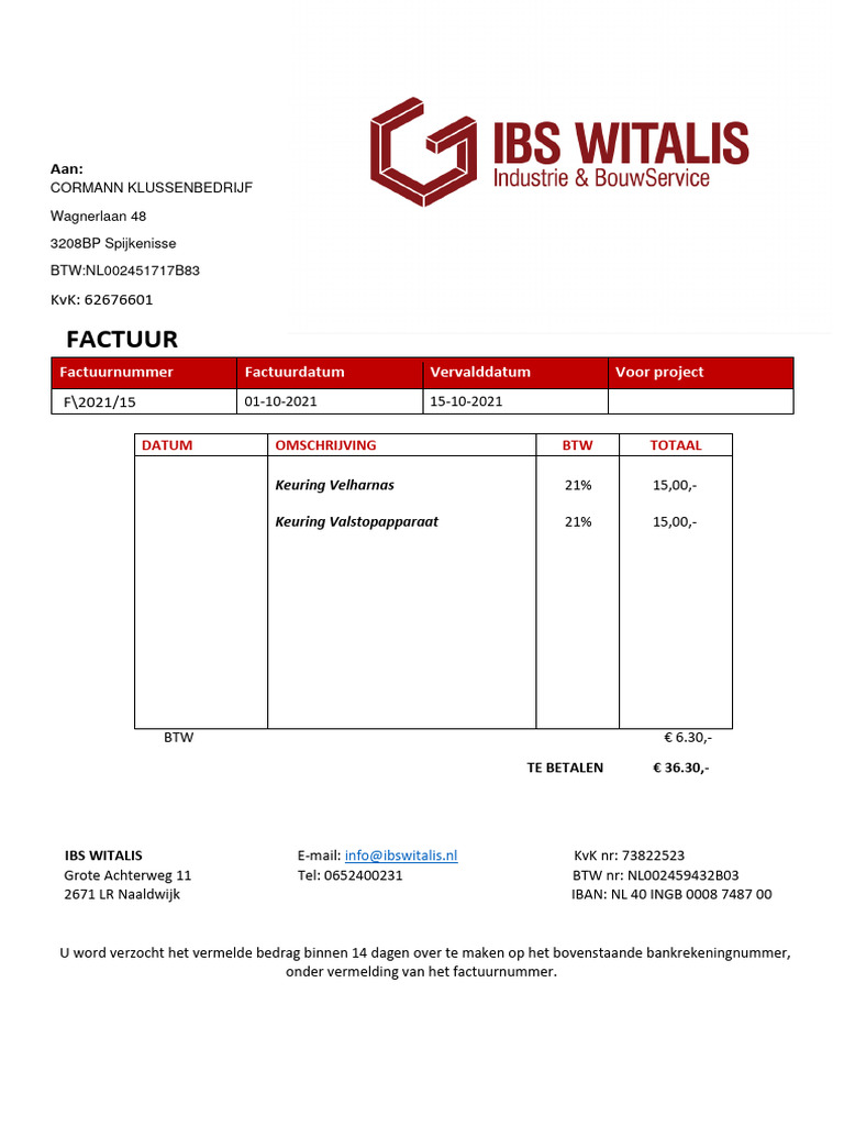 Factuur: Factuurnummer Factuurdatum Vervalddatum Voor Project | PDF