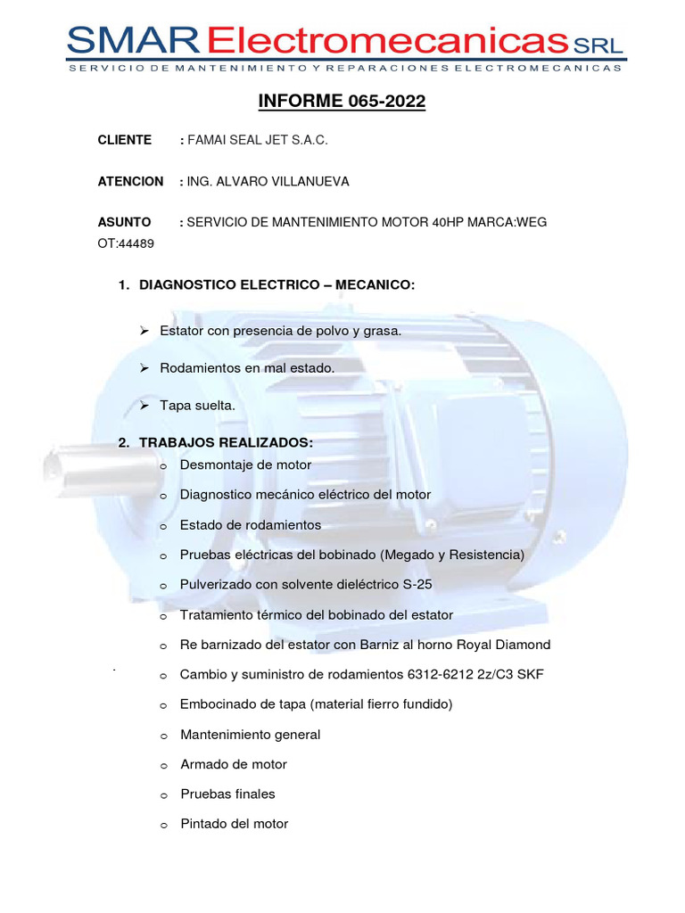 INFORME 065-2022 MOTOR 40HP WEG OT 44489 | PDF | Materiales | Ciencias fisicas