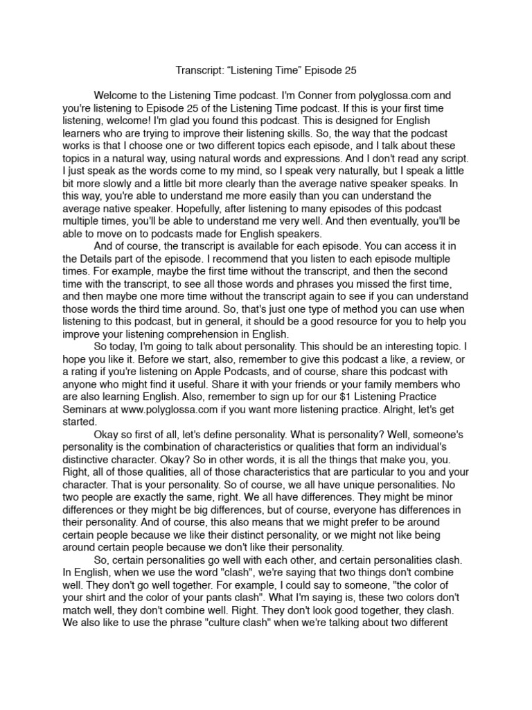 Episode 25 Transcript - Listening Time | Download Free PDF | Extraversion And Introversion ...