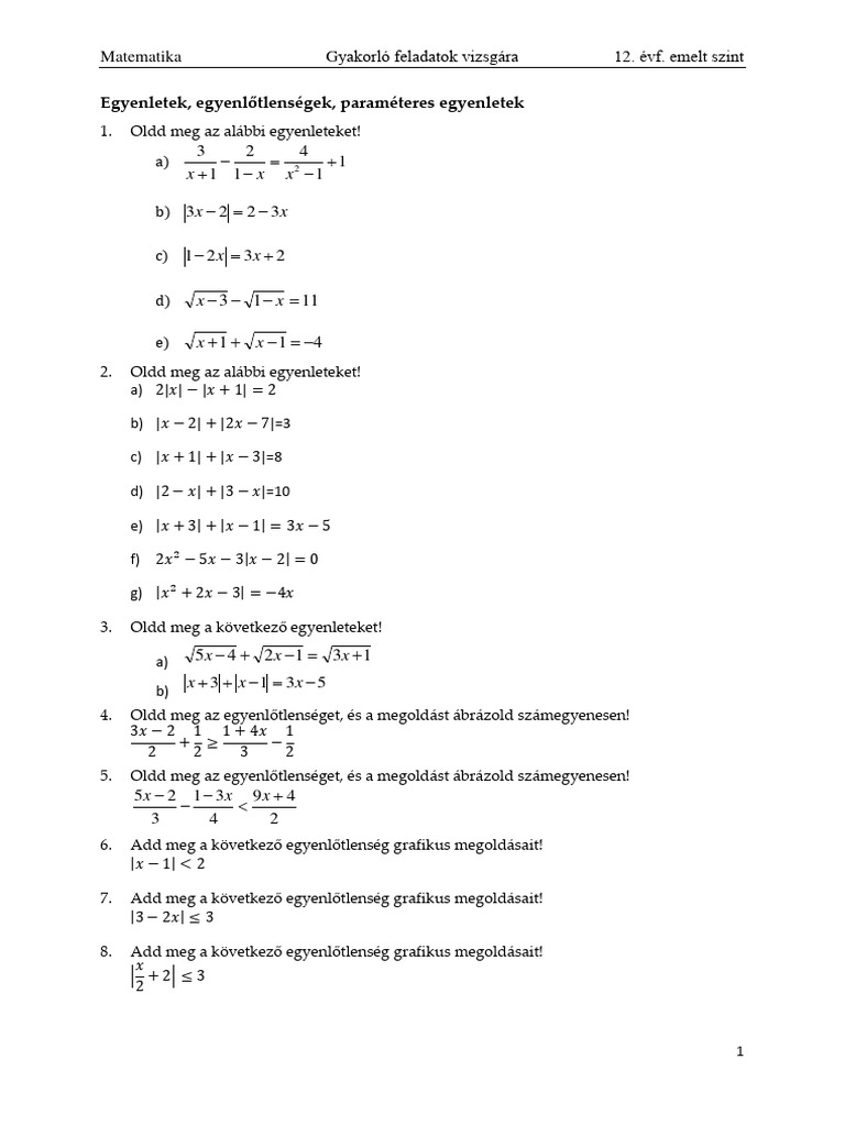 Egyenlet, Egyenlotlenseg Halado Feladatok | PDF
