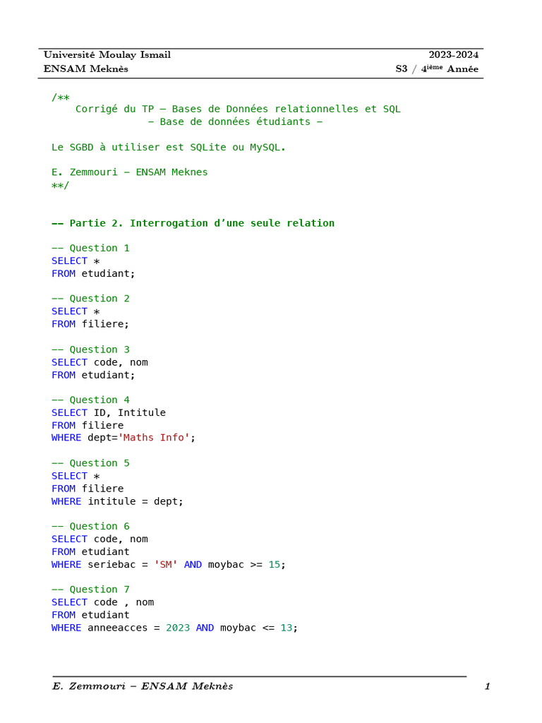 TP SQL Etudiants Corrige 2023-10-30 | PDF
