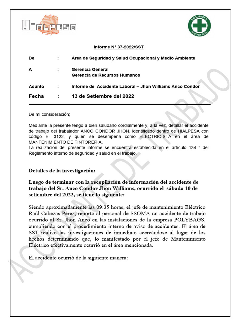 Informe de Accidente de Trabajo - Jhon Anco Condor | PDF | Seguridad y ...
