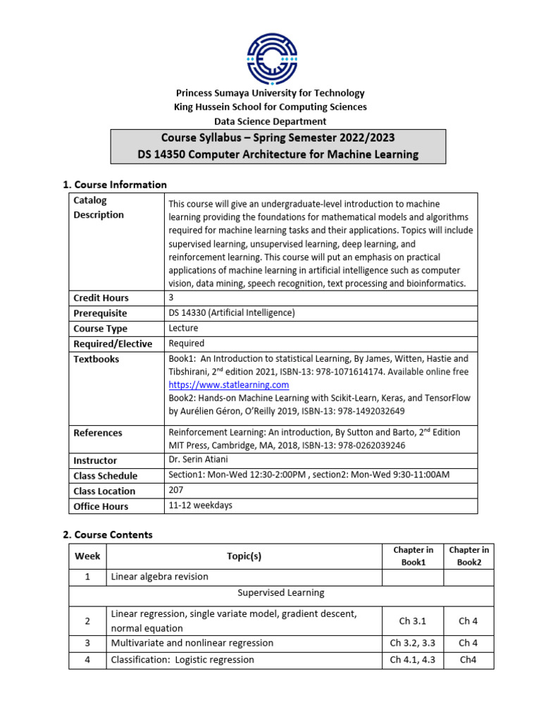 Course Syllabus - Spring Semester 2022/2023 DS 14350 Computer Architecture For Machine Learning ...