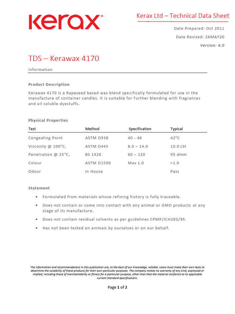 Kerawax 4170 Technical Data Sheet | PDF | Physical Sciences | Chemical ...