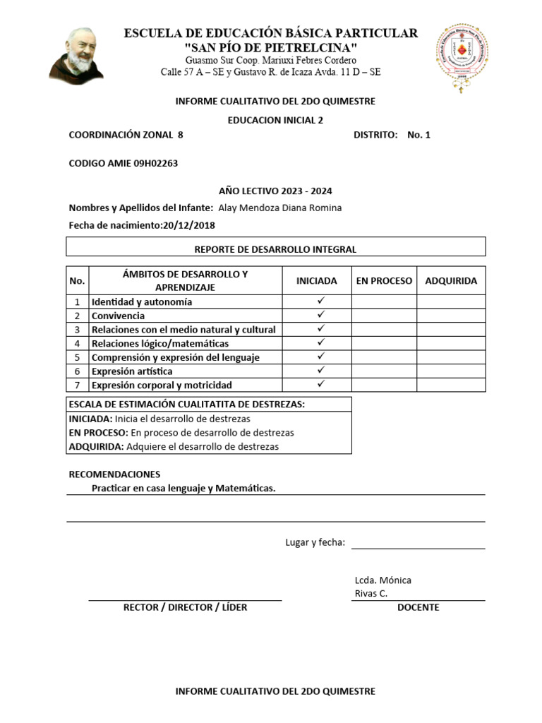 Inicial 2 - Libretas Del 1 Trimestre - Marzo 2023 | PDF | Educación de la primera infancia ...