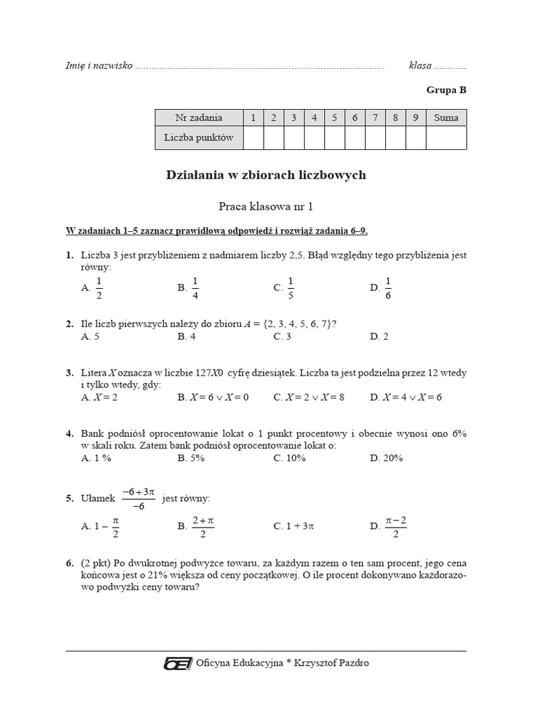 Dzialania Na Zbiorach Liczbowych Praca Klasowa 1 GR B Wersja PDF | PDF