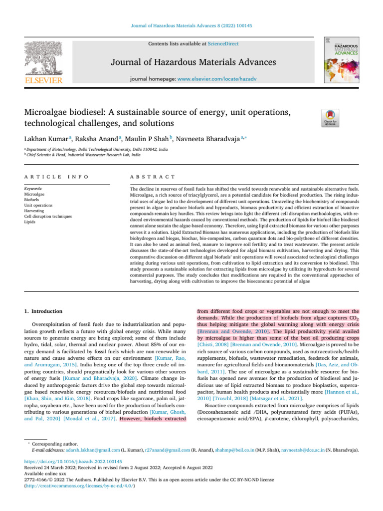 Microalgae Biodiesel - A Sustainable Source of Energy, Unit Operations, Technological Challenges ...