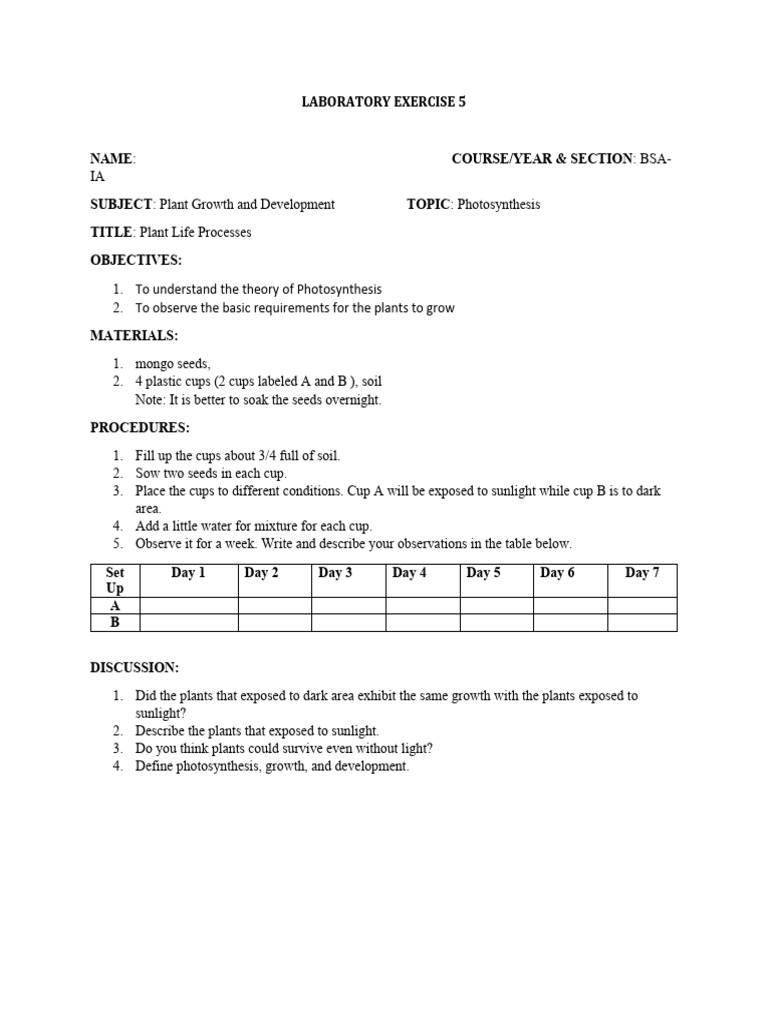 Laboratory Exercise 5 Photosynthesis | PDF