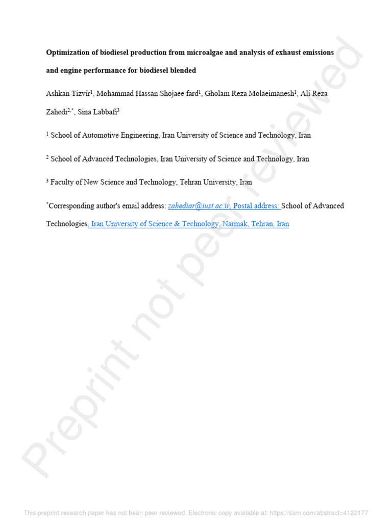 Optimization Of Biodiesel Production From Microalgae And Analysis Of Exhaust Emissions Pdf