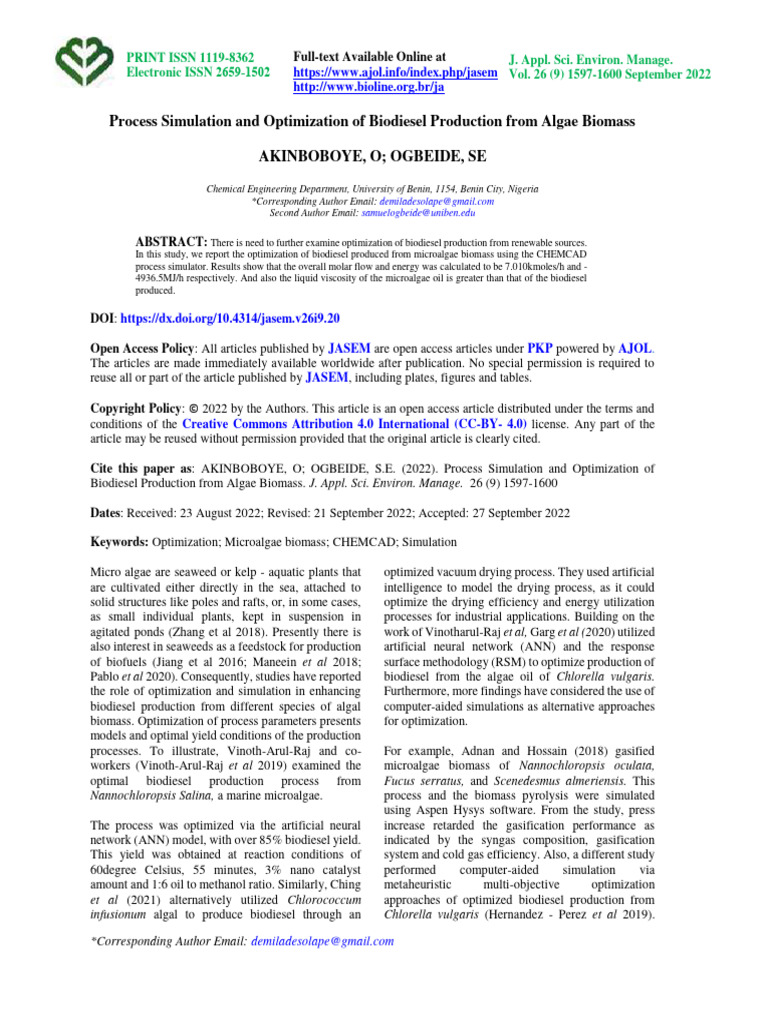 Process Simulation And Optimization Of Biodiesel Production From Algae Biomass Pdf Biodiesel