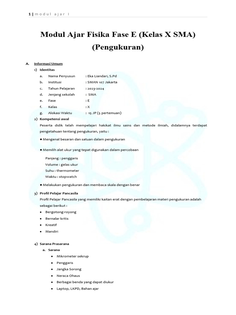Modul Ajar Eka - Pengukuran - FISIKA FASE E | PDF | Seni | Sains & Matematika