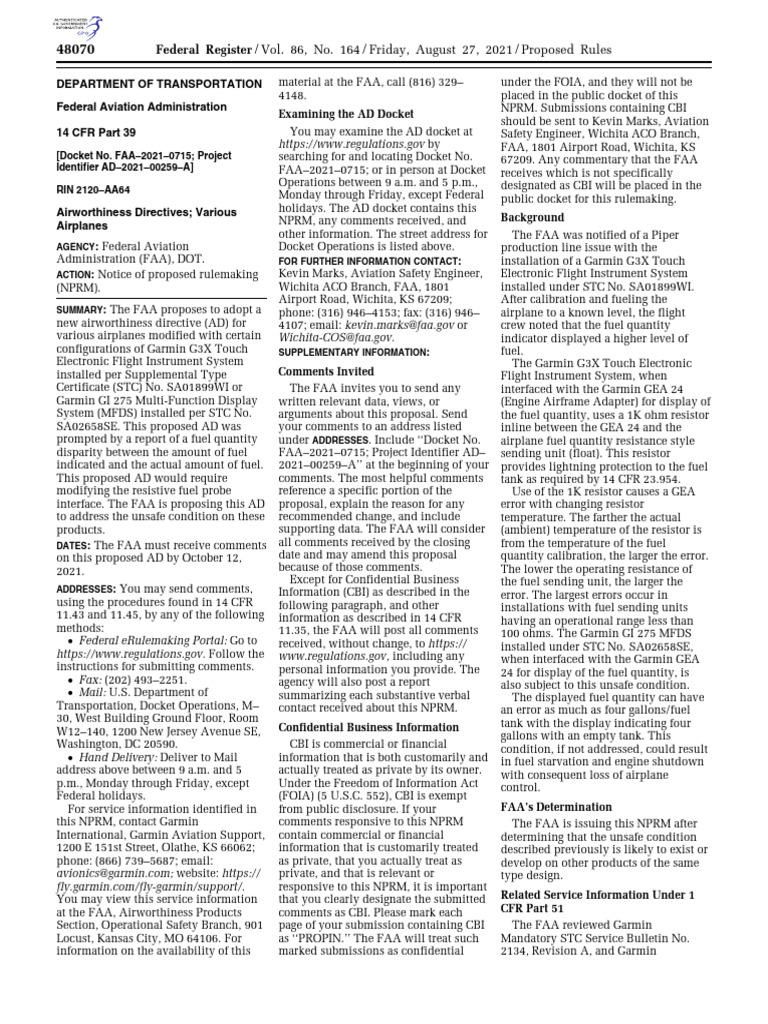 FAA Airworthiness Directive Proposal for Garmin Systems | PDF | Federal ...