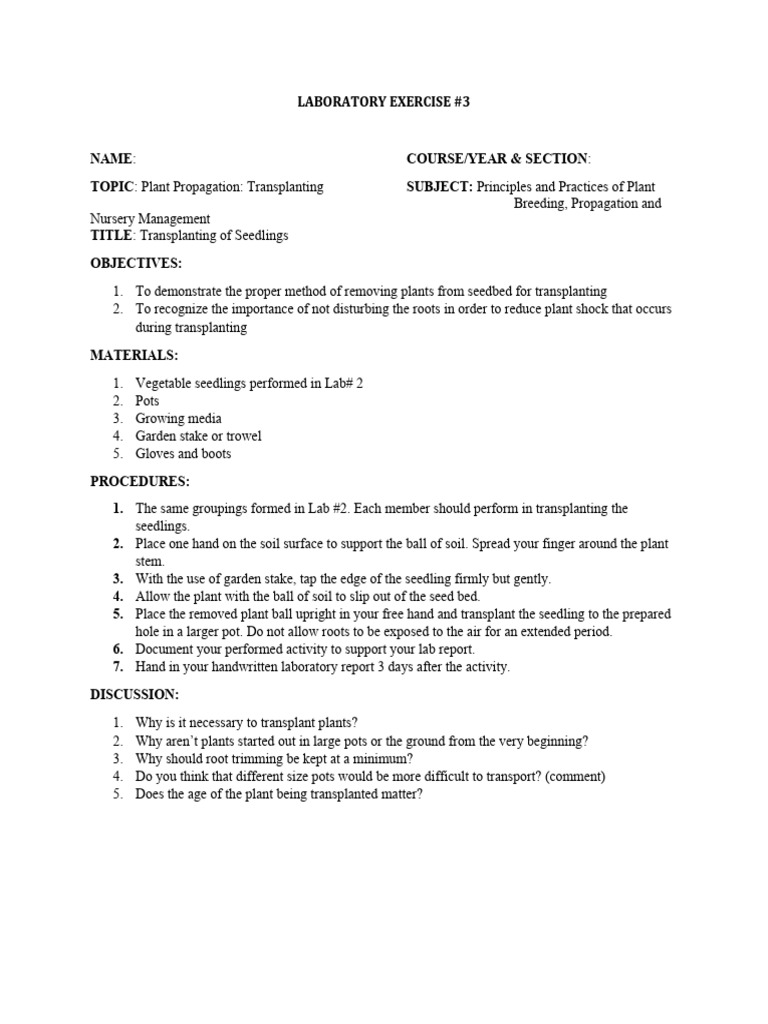 LABORATORY EXERCISE #3 Transplanting | PDF