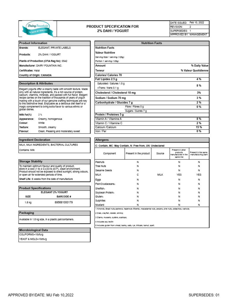 Product Specification For 2% Dahi - Yogurt | PDF | Yogurt | Nutrition ...