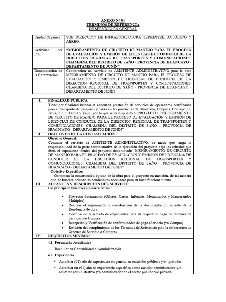TDR Asistente Administrativo | PDF