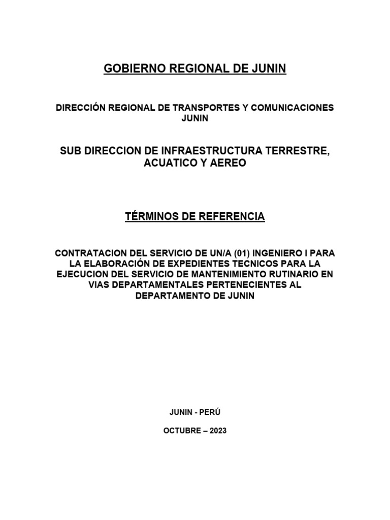 TDR Exp Mantenimientos Rutinarios Ingeniero I Junin Ok | PDF | Presupuesto | Ingeniero civil