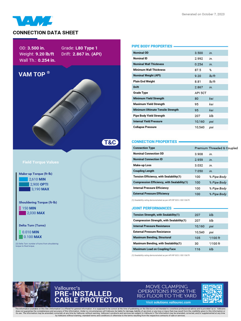 CDS VAM TOP ® 3.5in. 9.2lb-ft L80 Type 1 API Drift 2.867in. 87.5% | PDF | Pipe (Fluid Conveyance ...