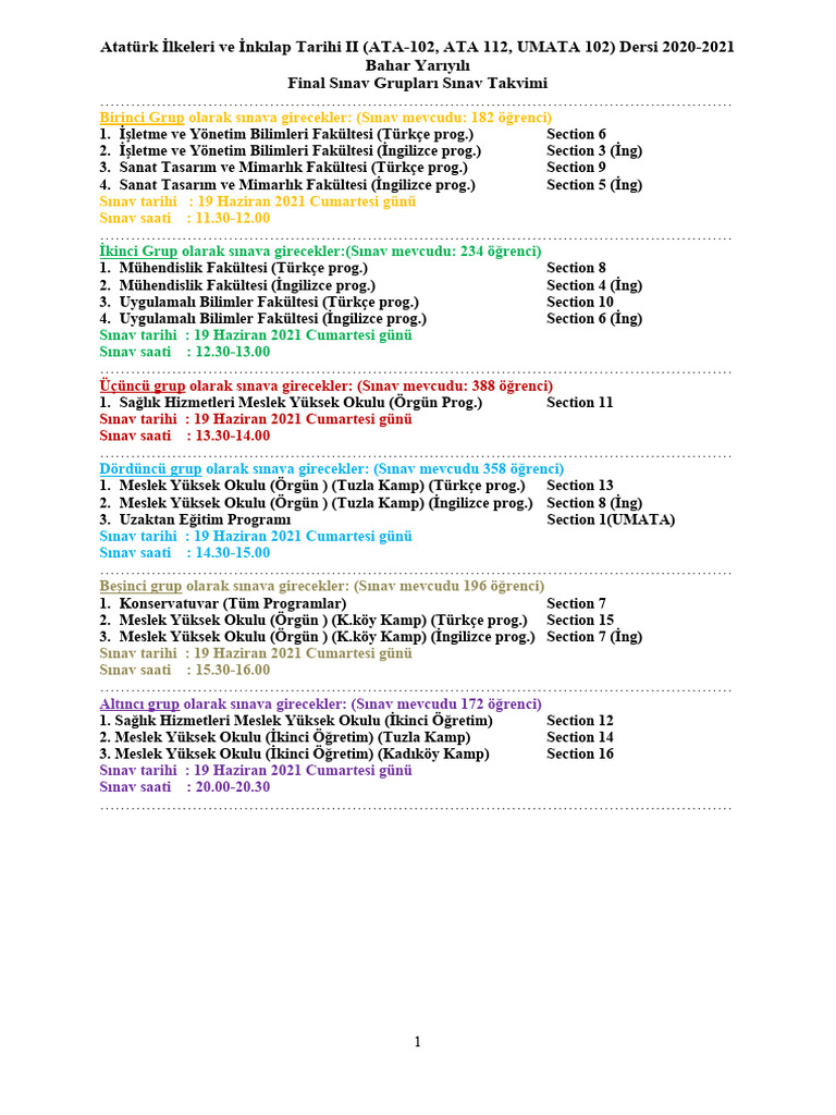 2020-2021 ATA-102, Final Sınav Takvimi Ve Sınav Esasları | PDF