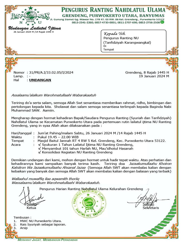 Surat Keluar Undangan Syuriah Tanfid Ranting Nu Se PWT Utara | PDF