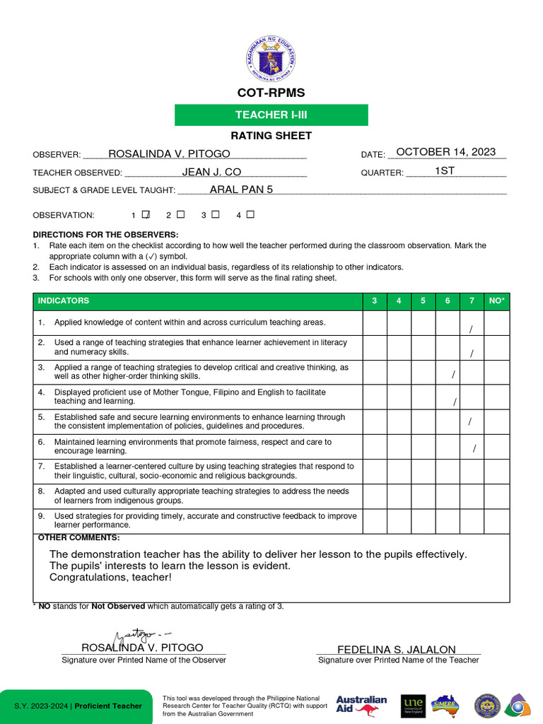 (Appendix C-03) COT-RPMS Rating Sheet For T I-III For SY 2023-2024 ...
